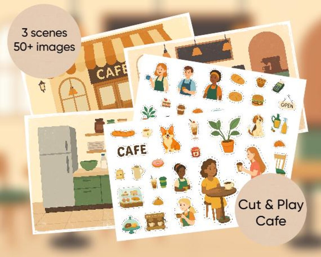 Pretend Play Cafe Printable | Cut & Paste Activity for Kids | 3 Scenes ...