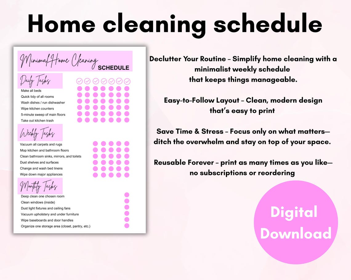 Minimal Cleaning Schedule Printable, Weekly Home Cleaning Checklist ...