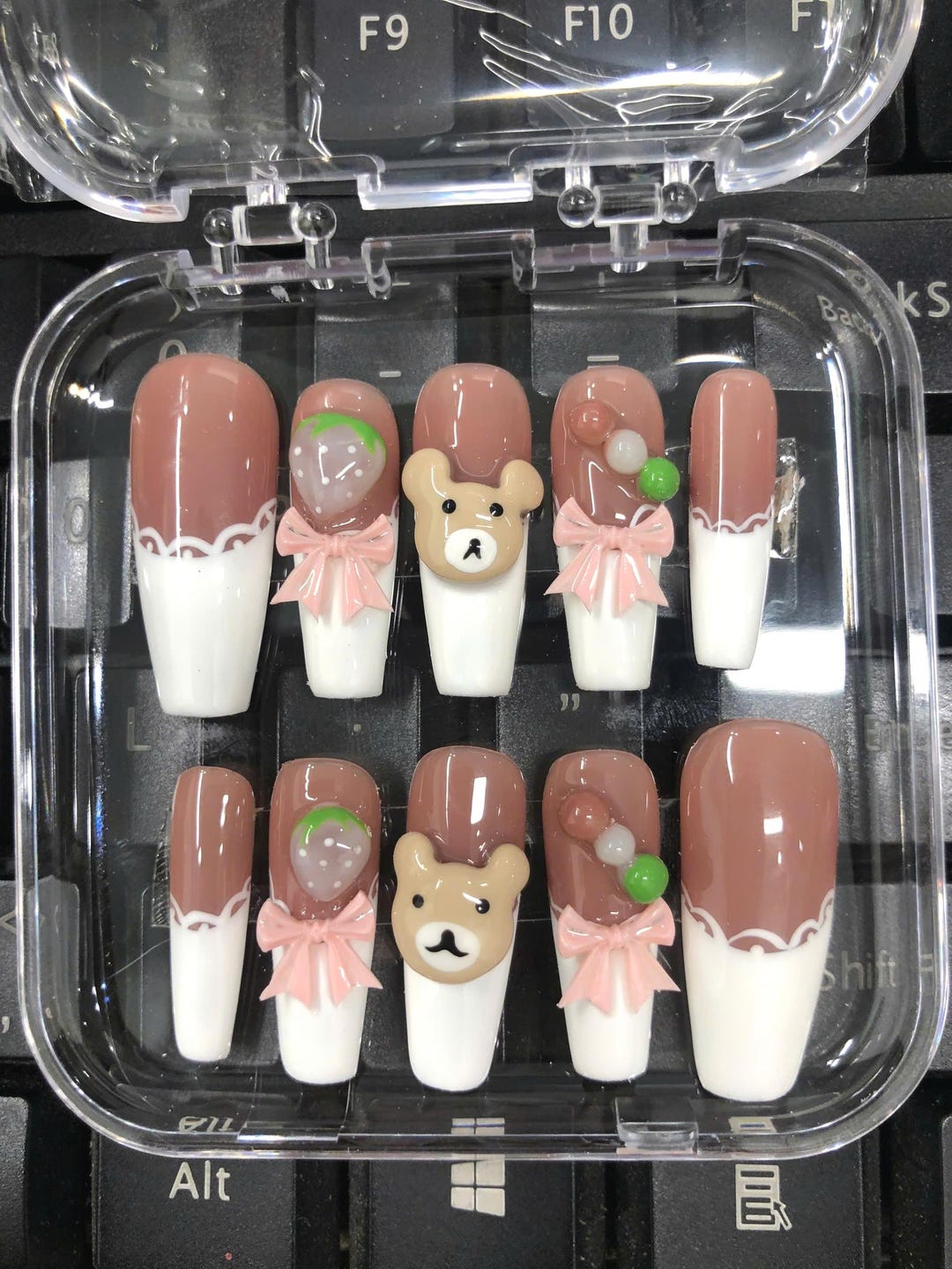 Kawaii Mochi Bear Press on Nails, Pastel Bow & Strawberries Nail Design ...
