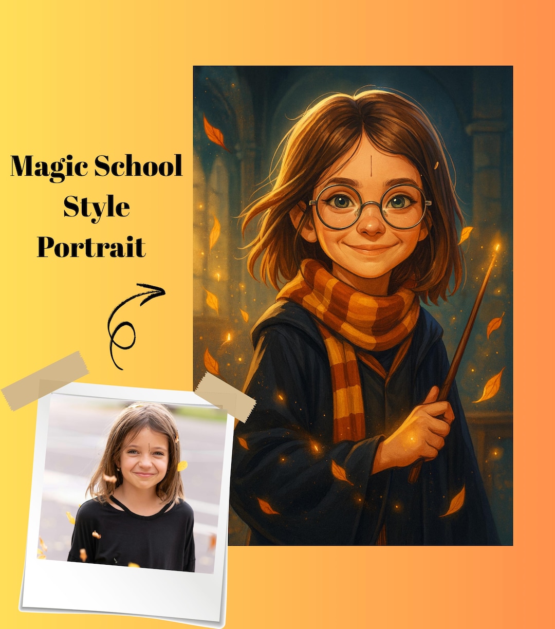 Custom Kids Wizard Portrait Magic School Cartoon From Photo Birthday ...