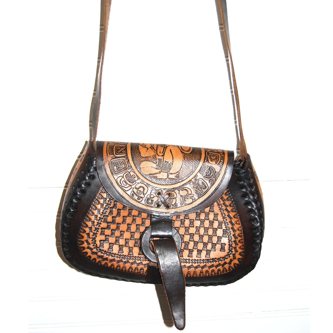 Vintage Leather Purse Maya Calendar Tooled Design Saddle Crossbody ...