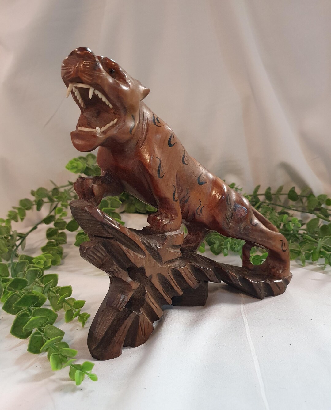 Vintage Hand-carved Wooden Tiger Figurine - Intricate Details and Rich ...