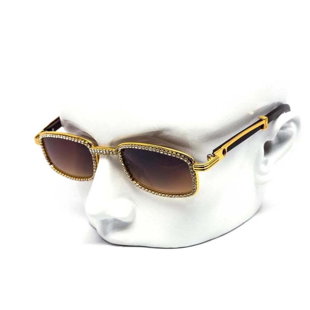 Men Sunglasses Diamond Gold Frame Brown Lens Rectangular Fashion Buffs ...
