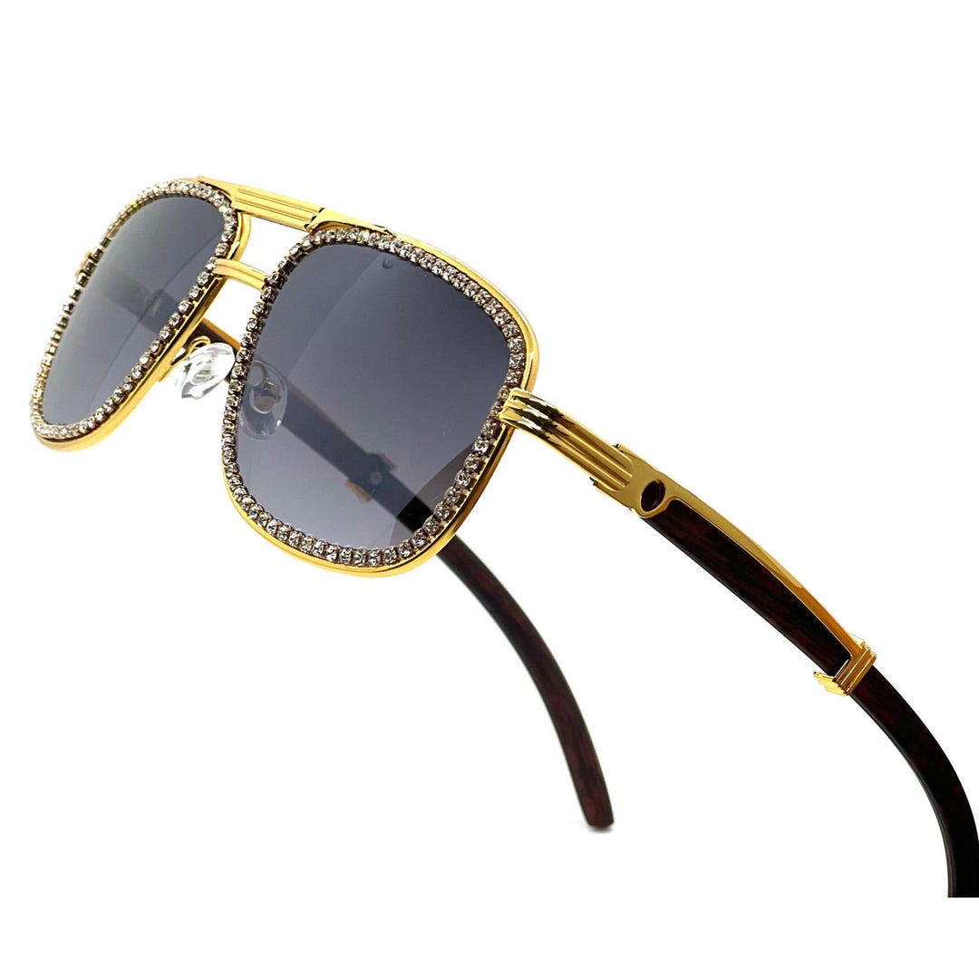Gold Frame Sunglasses Hip Hop Square Wood Arm Buffs Men Women Shades ...