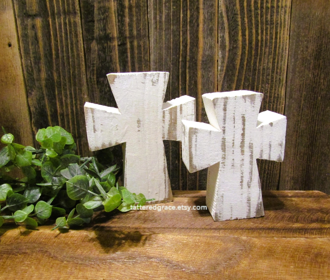 White Distressed Wood Cross: Chunky Rustic Tiered Tray Decor - Etsy