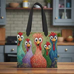 Funny Chicken Canvas Tote Bag, Colorful Hen Tote Bag, Chicken Lover ...
