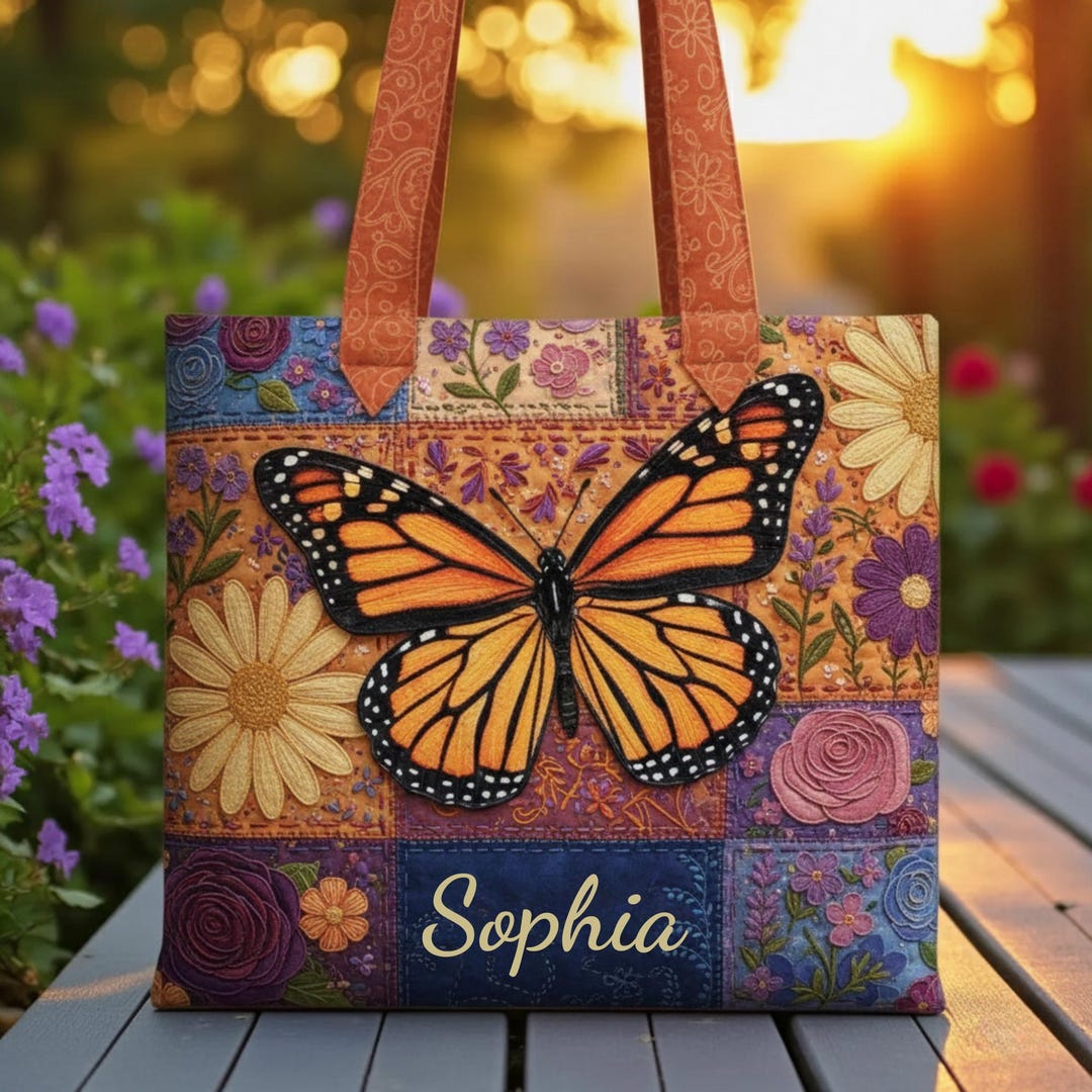 Custom Name Butterfly Quilted Tote Bag, Monarch Butterfly Floral ...