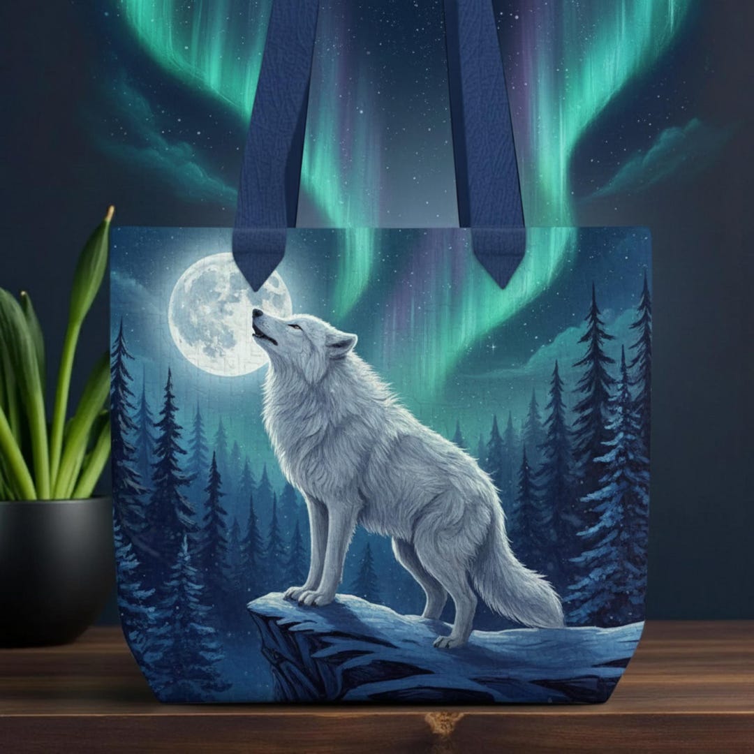 Wolf Tote Bag, Howling Wolf Under Moon Tote, Northern Lights Bag ...