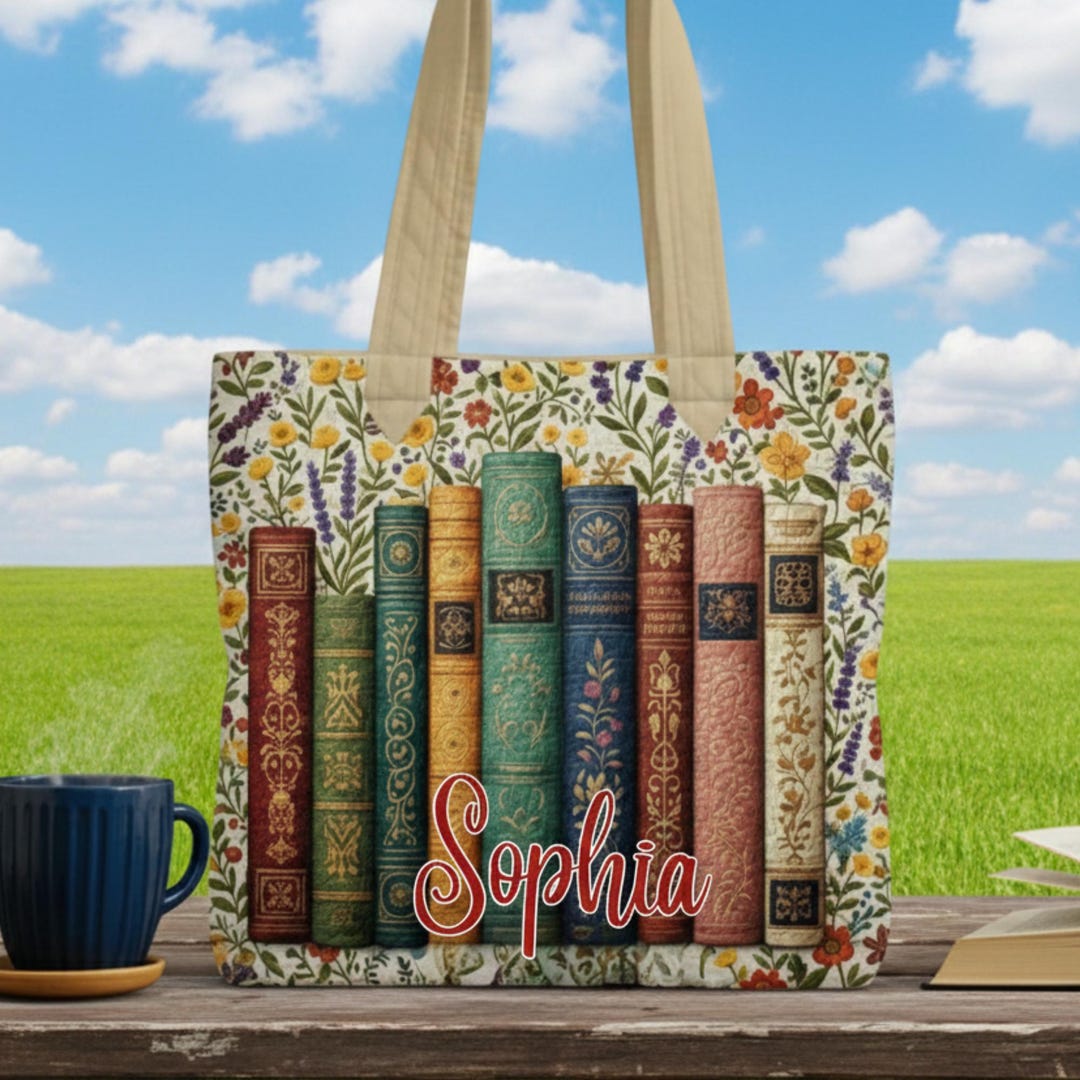 Personalized Book Canvas Tote Bag, Book Lover Tote With Name, Floral ...