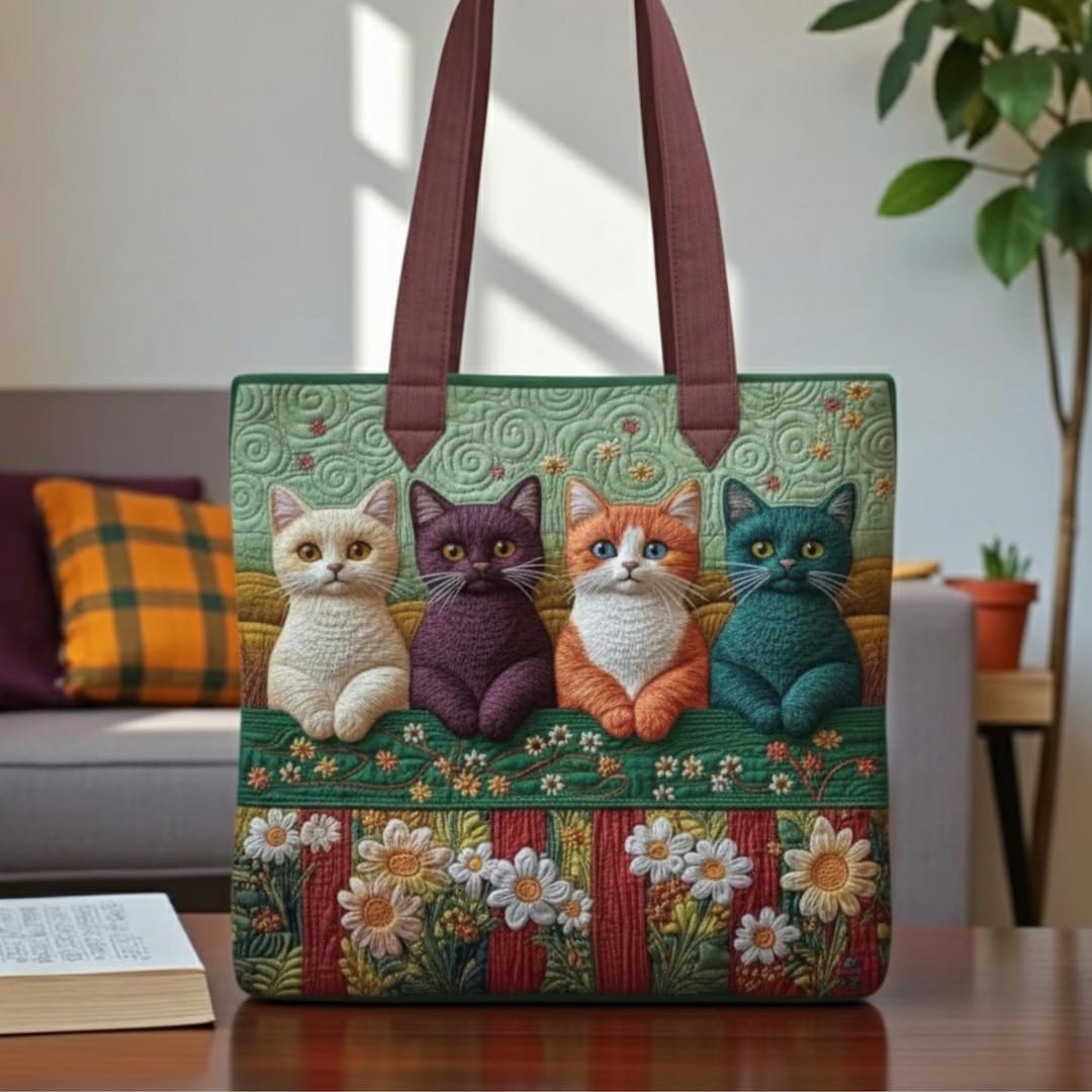 Four Cats Tote Bag, Colorful Cat Art Quilted Tote Bag, Cute Cat Lover ...
