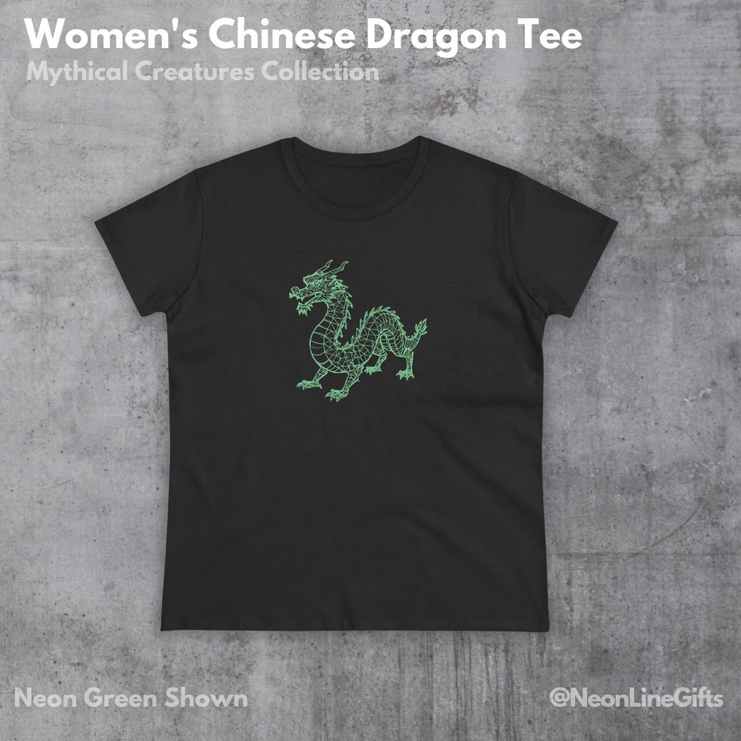 Womens Chinese Dragon Graphic Tee Modern Neon Mythical Animal Zoo Art ...