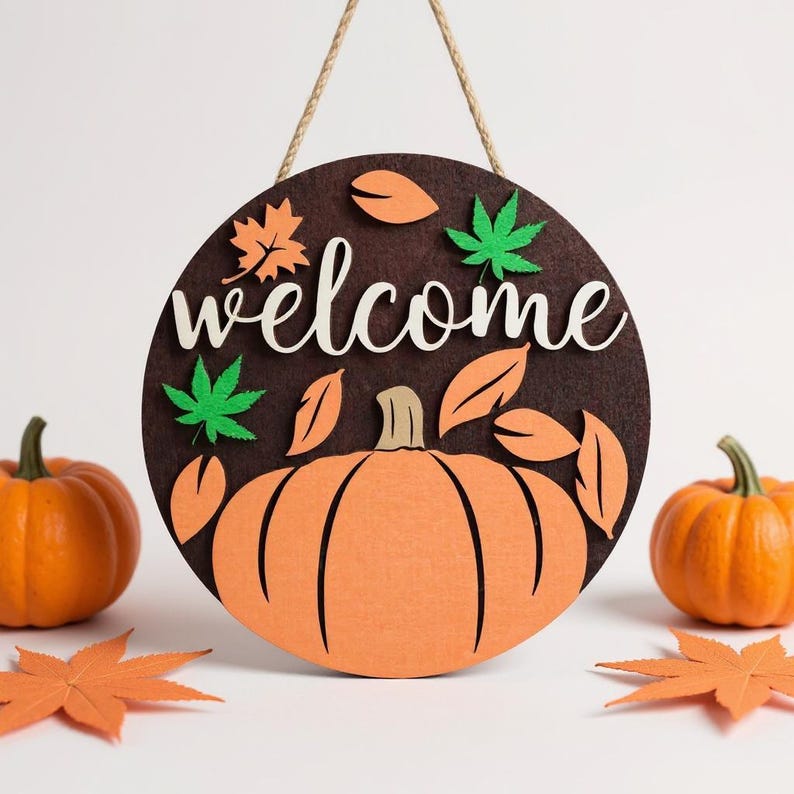 Welcome Fall Pumpkin Door Hanger – Hand-painted Wooden Autumn Sign for ...