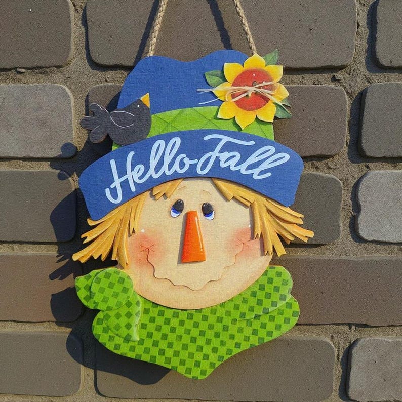 Hello Fall Scarecrow Door Hanger, Rustic Fall Welcome Sign, Sunflower ...