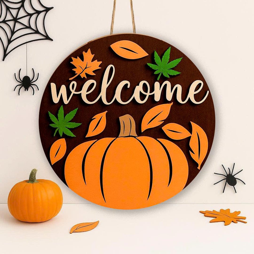 Welcome Fall Pumpkin Door Hanger – Hand-painted Wooden Autumn Sign for ...