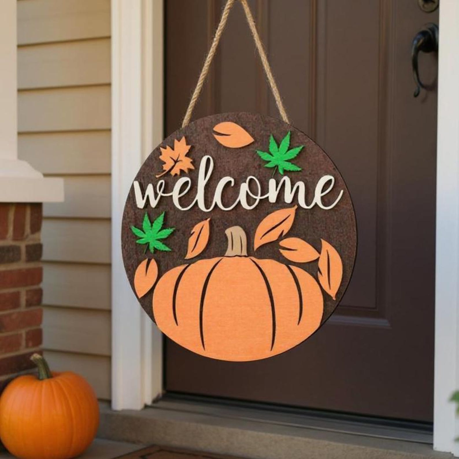 Welcome Fall Pumpkin Door Hanger – Hand-painted Wooden Autumn Sign for ...