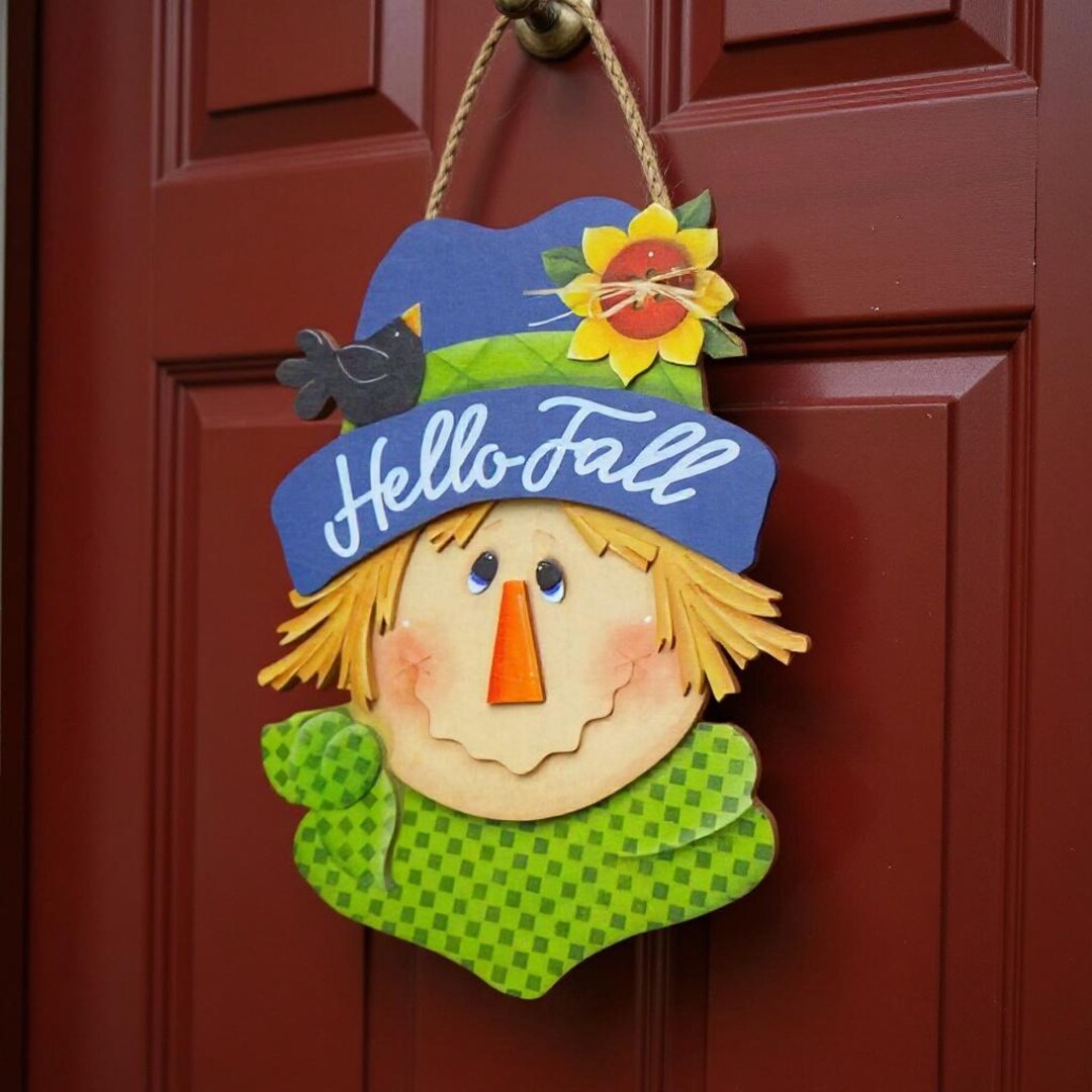 Hello Fall Scarecrow Door Hanger, Rustic Fall Welcome Sign, Sunflower ...