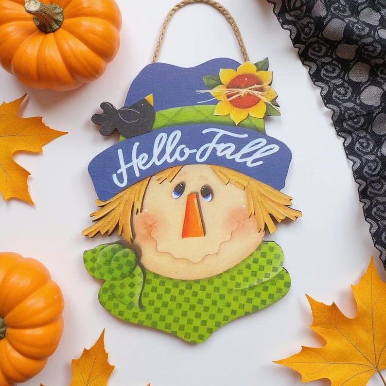 Hello Fall Scarecrow Door Hanger, Rustic Fall Welcome Sign, Sunflower ...