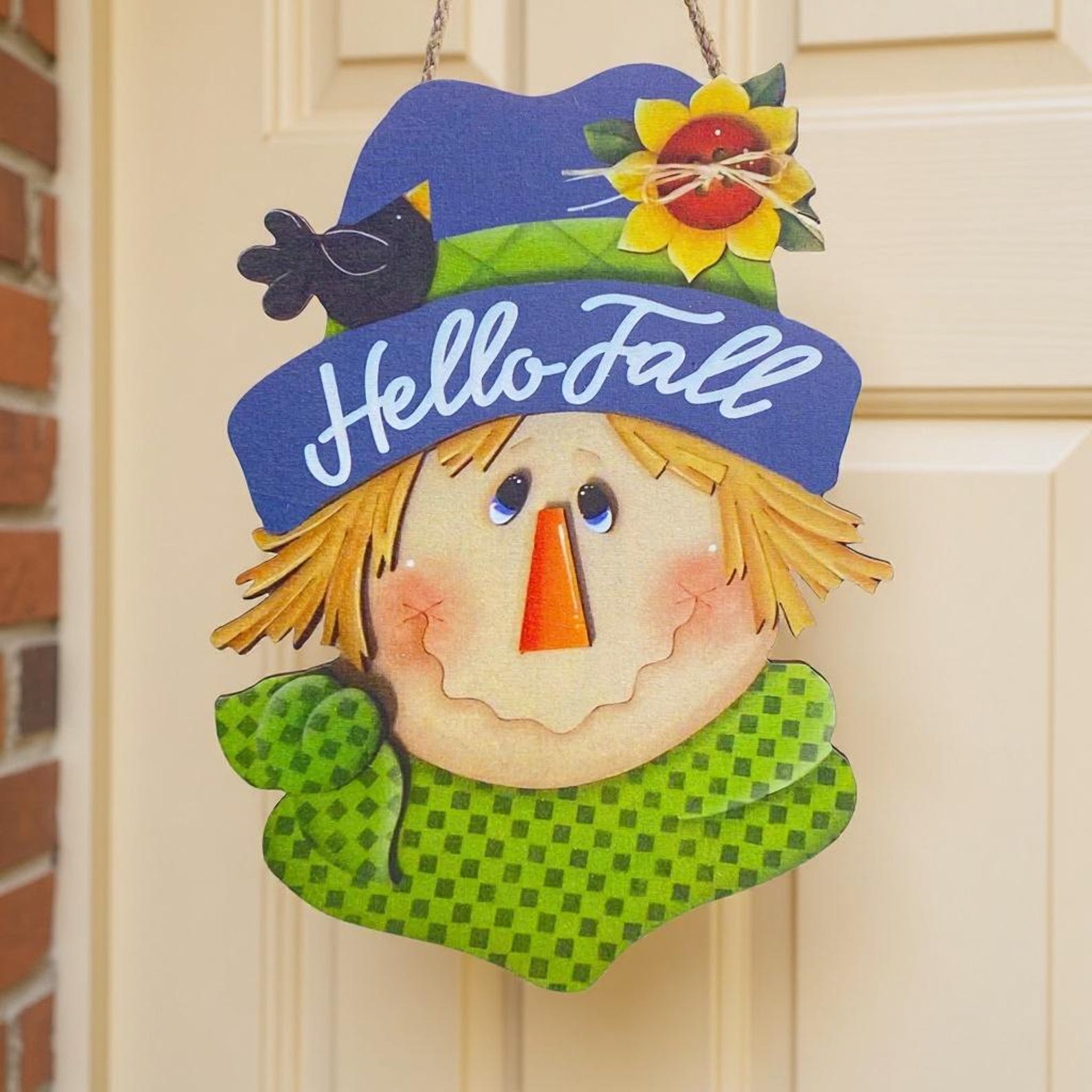 Hello Fall Scarecrow Door Hanger, Rustic Fall Welcome Sign, Sunflower ...
