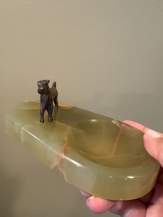 Antique Art Deco Onyx Ashtray With Bronze Scottie Ter… - Gem