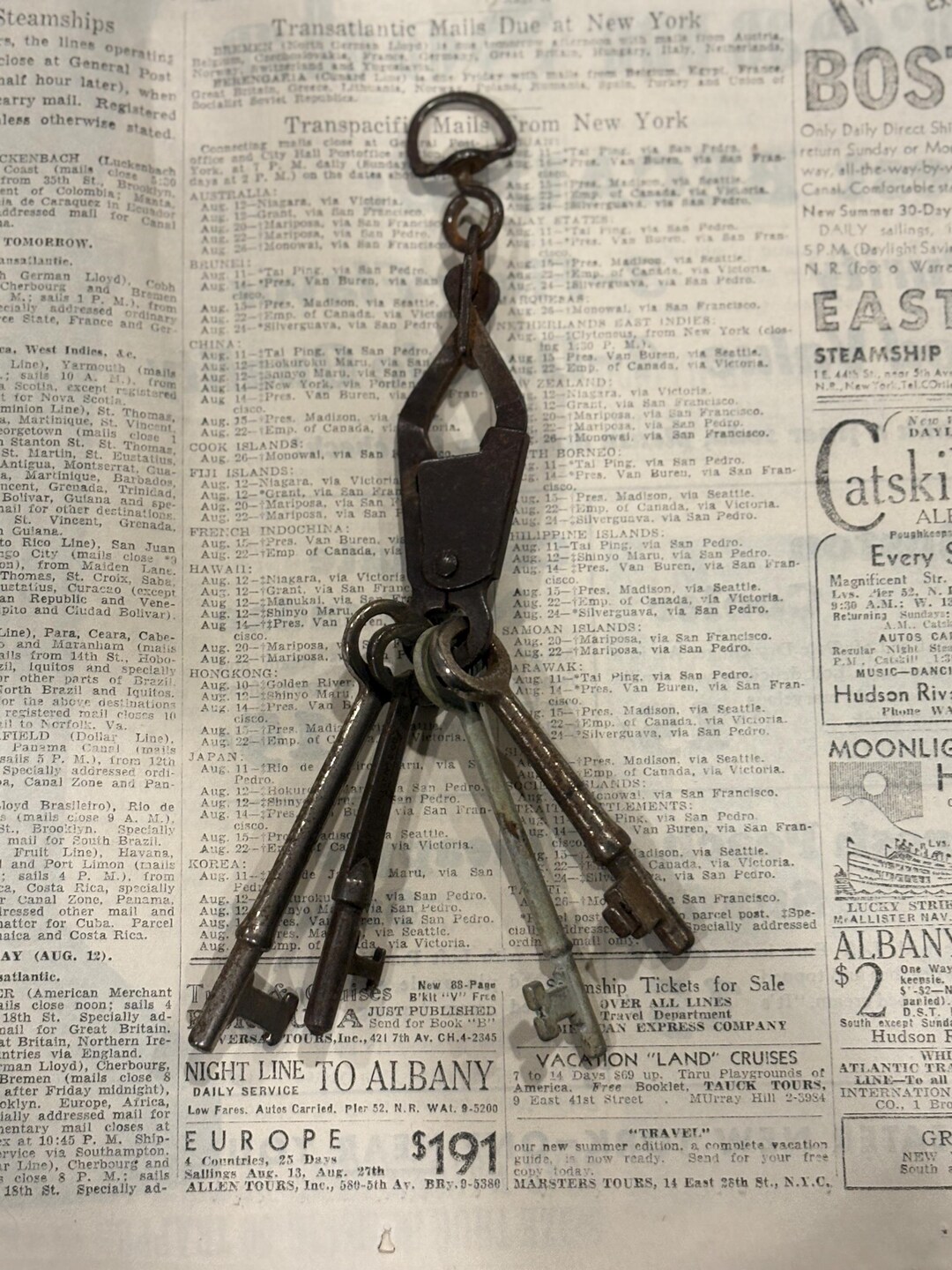 4 Antique Skeleton Keys on a Rusty Antique French Snap Hook Carabiner ...