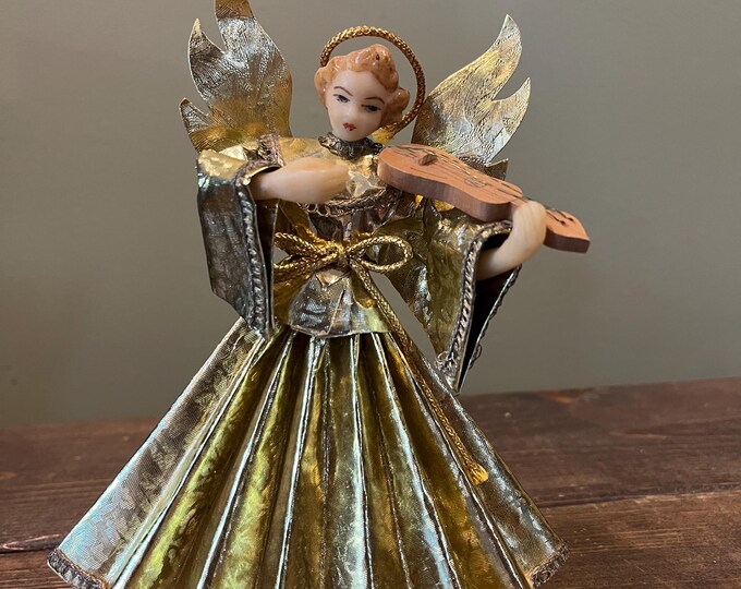 Antique German Wax Angel Tree Topper Playing Violin in Gold Gown ...