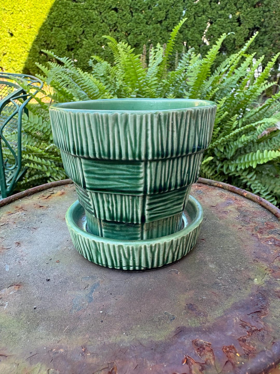 Vintage Mid Century MCM Green Mccoy Basketweave Pottery Planter With ...