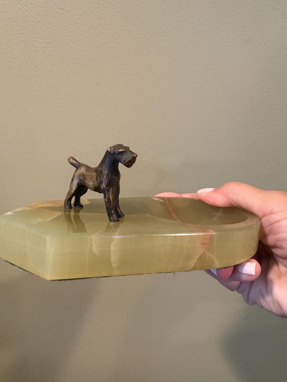 Antique Art Deco Onyx Ashtray With Bronze Scottie Ter… - Gem
