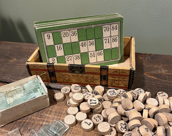 Vintage Bingo Game Cards, Wood Chips and Square Glass Markers for ...