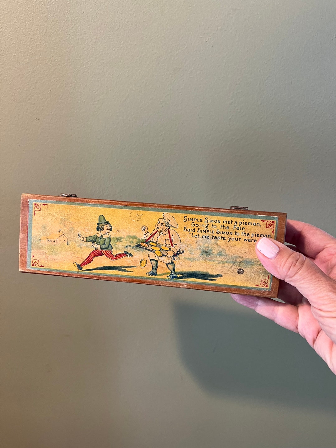 Antique Pencil or Crayon Wood Box With Simple Simon Nursery Rhyme ...