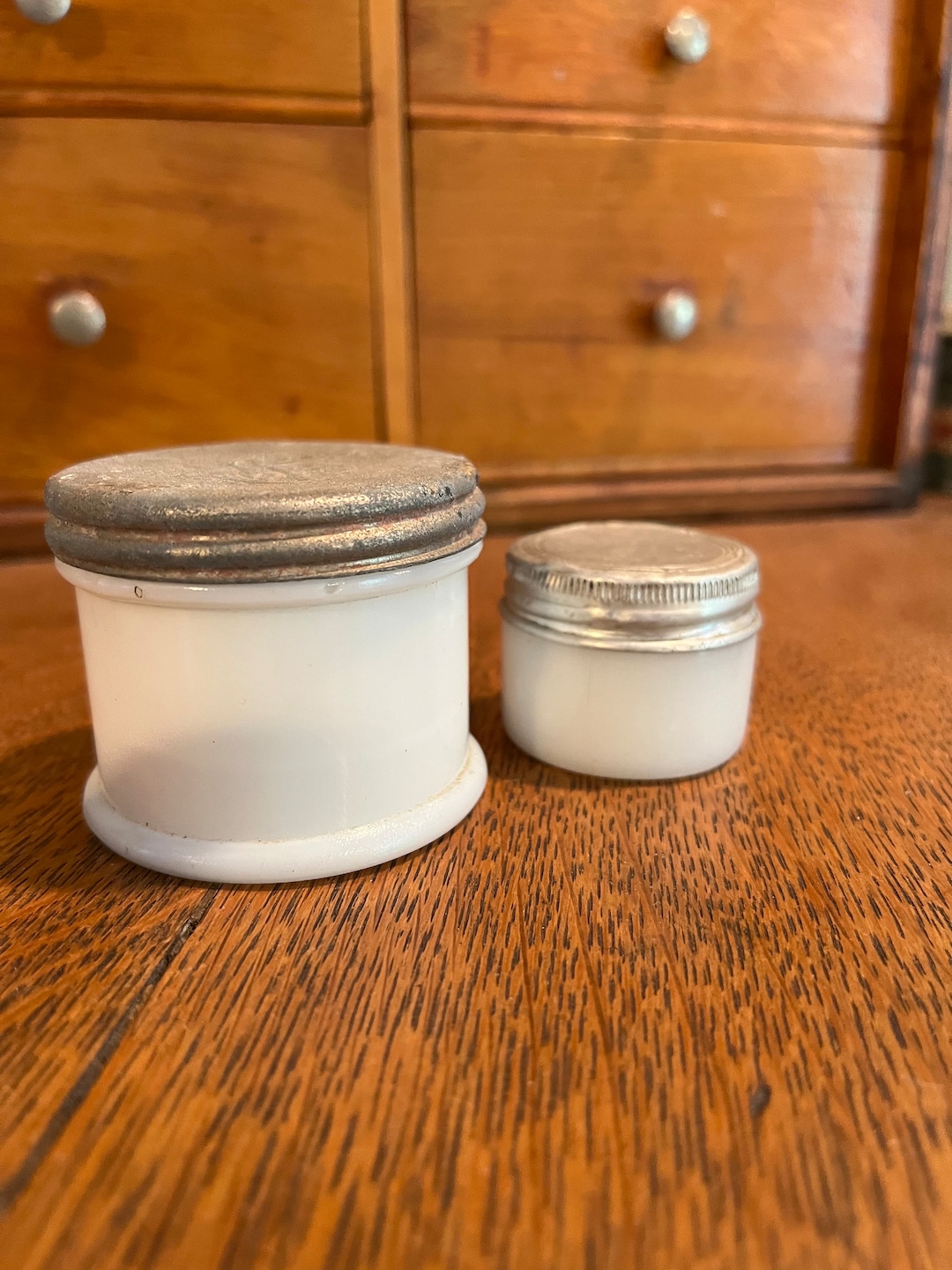 Lot of 2 Vintage Milk Glass Jars With Lids, Cold Cream Jars, Bedroom ...