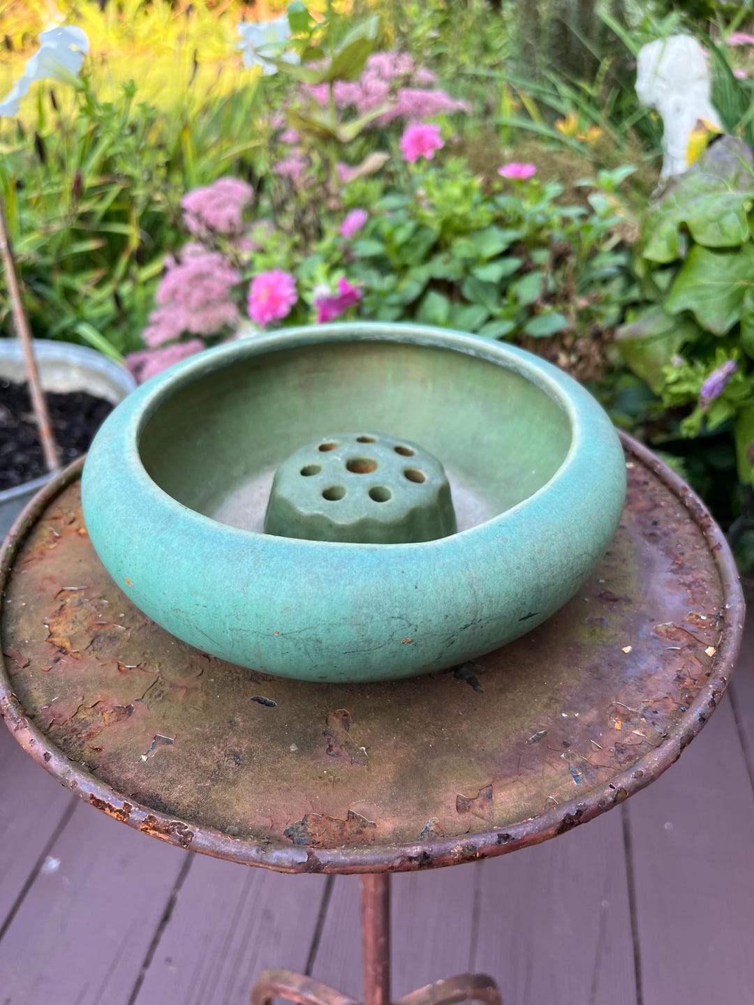 Antique 1920s Green Art Pottery Flower Frog With Bowl, Flower Frog ...