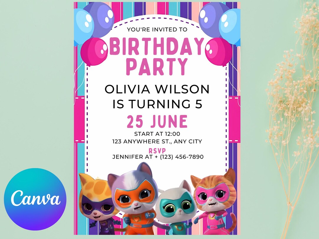 Super Kitty Printable Editable Birthday Invitation, Kitten Party ...