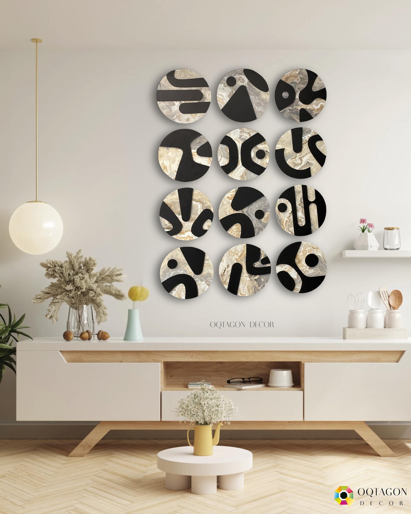 Modern Abstract Circle Wall Art Set - 12-piece Marble Textured ...