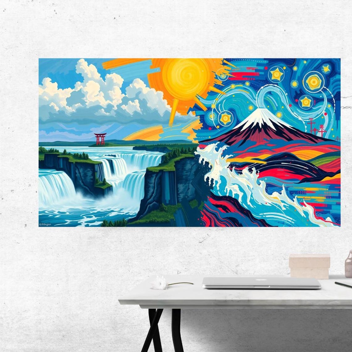 Abstract Nature Wall Art – Split Landscape With Waterfall & Mount Fuji ...