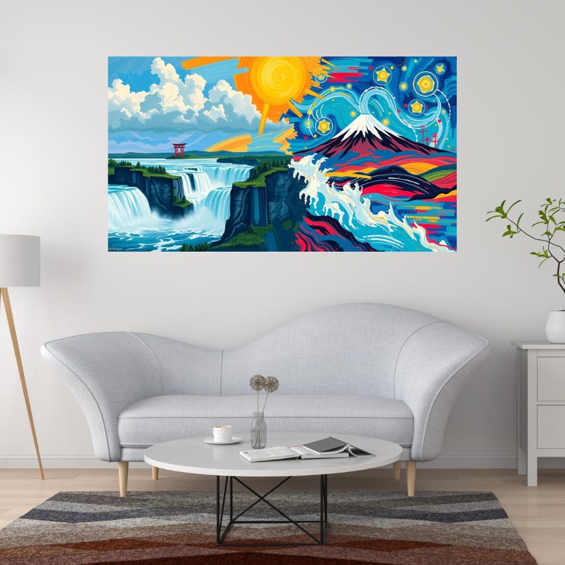 Abstract Nature Wall Art – Split Landscape With Waterfall & Mount Fuji ...