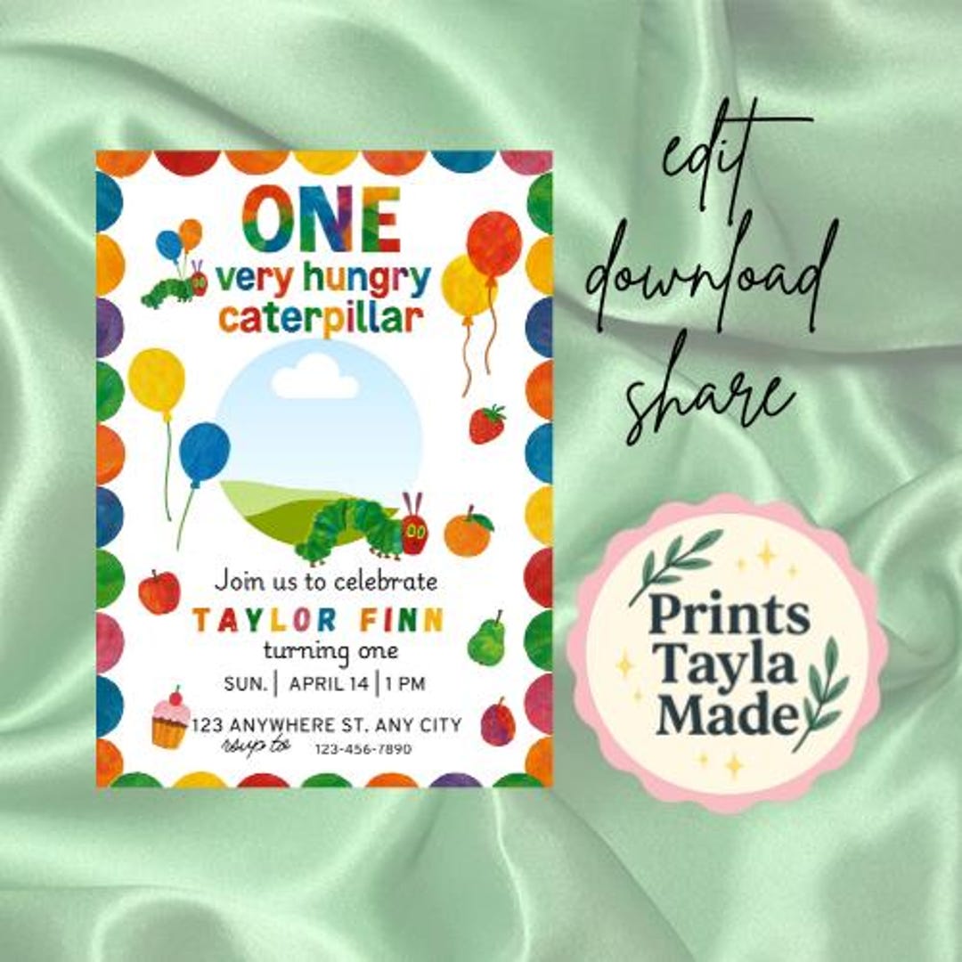 ONE Very Hungry Caterpillar Birthday Invitation | Editable Canva ...