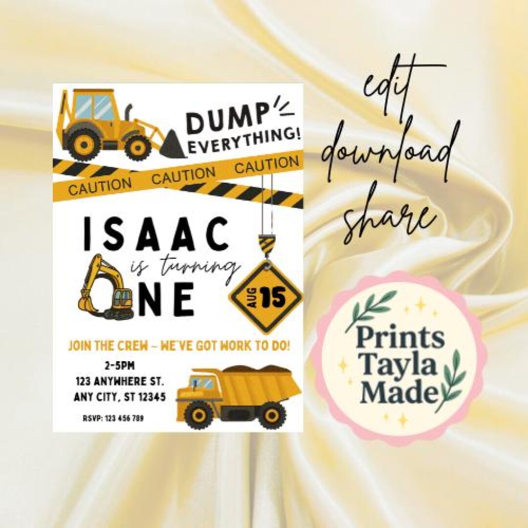 Construction Birthday Invitation: Digger Truck Party, Editable Canva ...