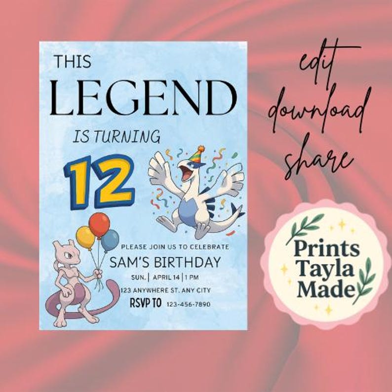 Editable Pokémon Legendary Birthday Invitation | Canva Template | Lugia ...
