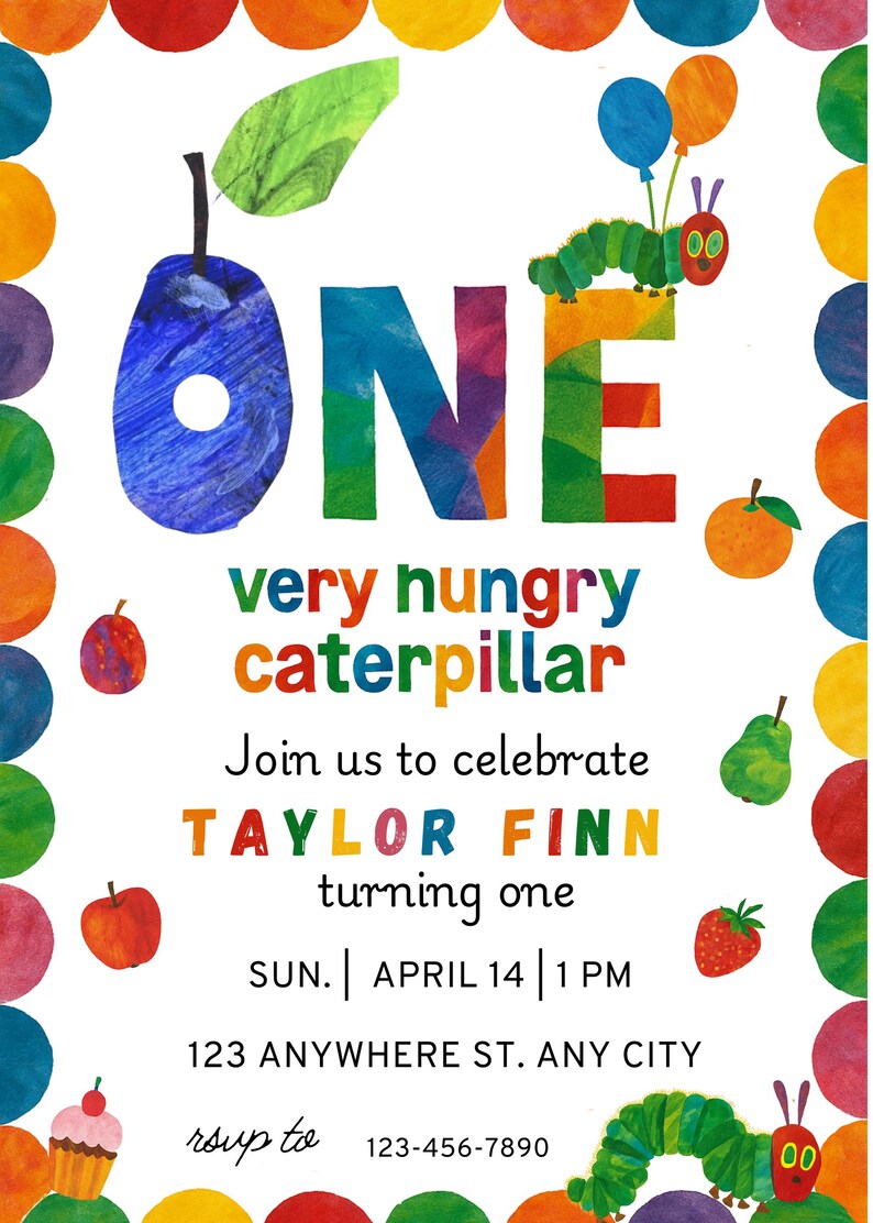 Very Hungry Caterpillar 1st Birthday Invitation – Rainbow Theme (canva ...