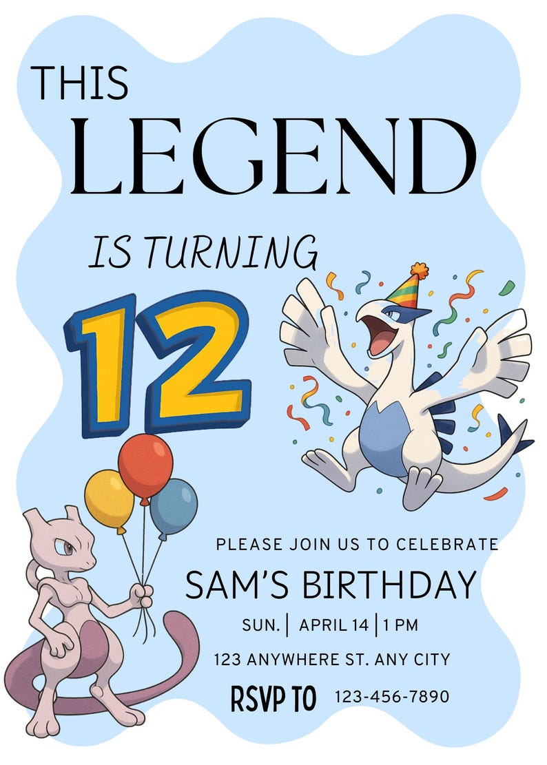 Editable Pokémon Birthday Invitation | This Legend is Turning | Lugia ...