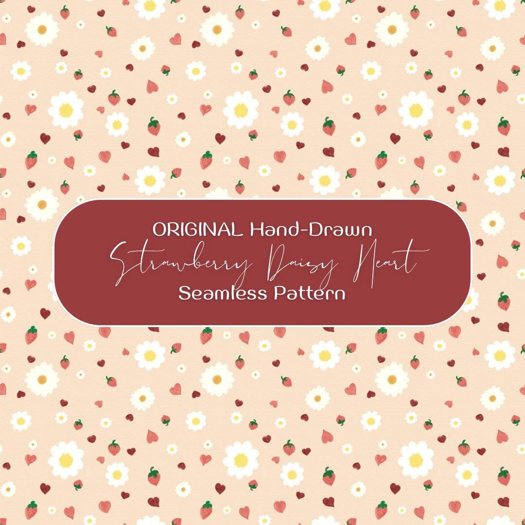 Hand-drawn Strawberry Daisy Heart Seamless Pattern, Neutral PNG Digital ...