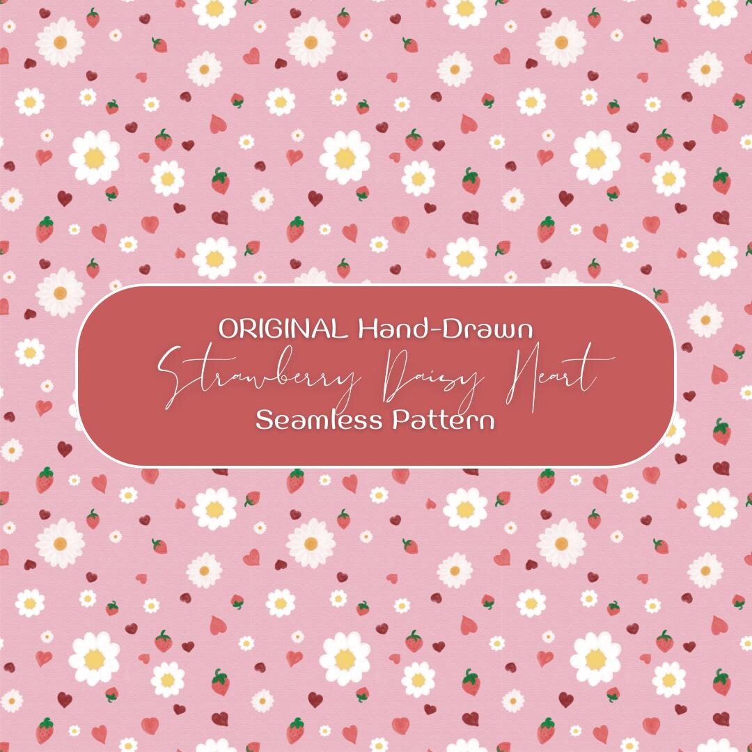 Hand-drawn Strawberry Daisy Heart Seamless Pattern, Pink PNG Digital ...
