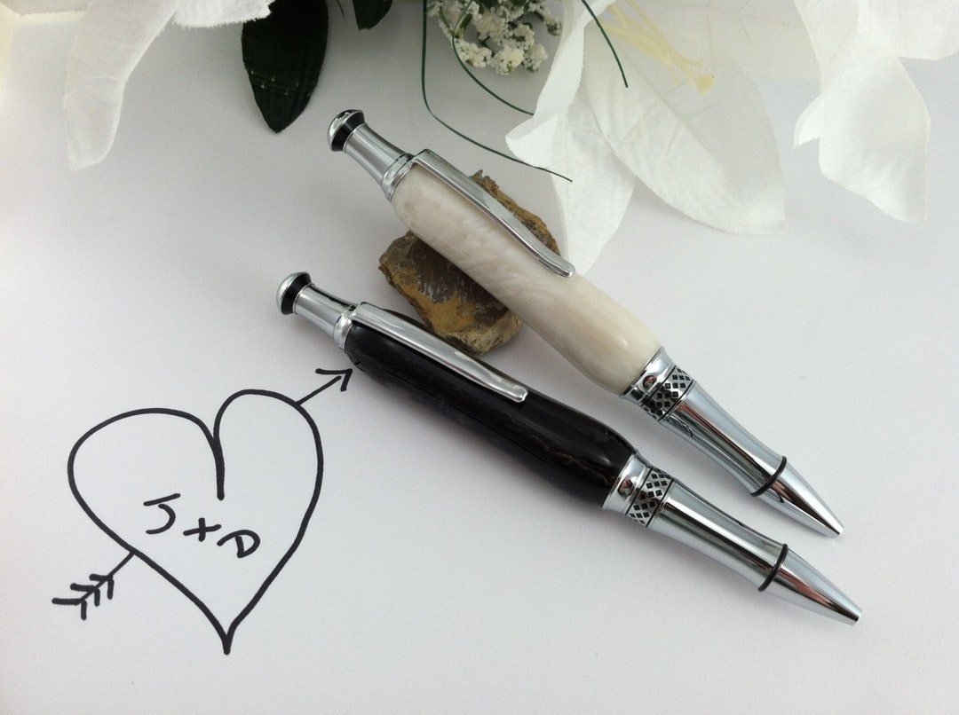 Bride and Groom Wedding Pen Set Hand-crafted White and Black Pearl His ...