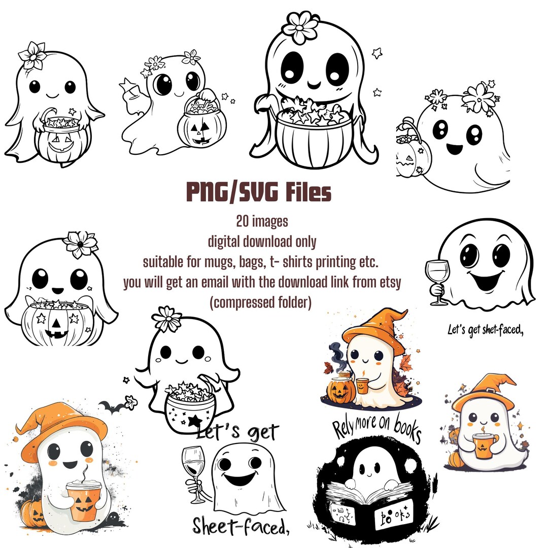 Cute Ghost Clipart Bundle | 20 PNG & SVG Files | Halloween Ghosts for ...
