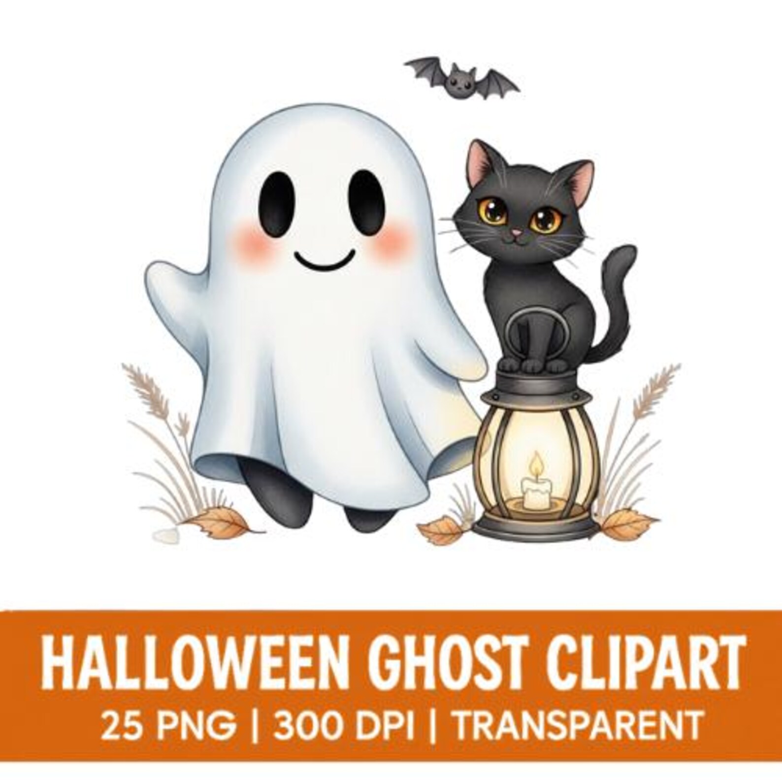 Cute Halloween Clipart Set PNG | Ghosts, Black Cats, Pumpkins, Bats ...