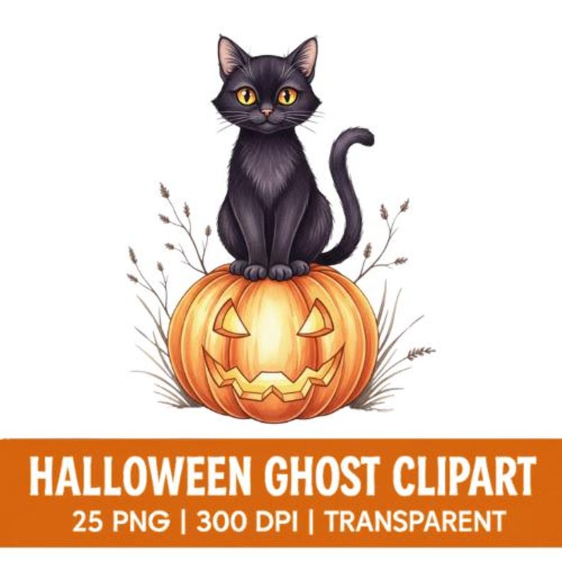 Cute Halloween Clipart Set PNG | Ghosts, Black Cats, Pumpkins, Bats ...