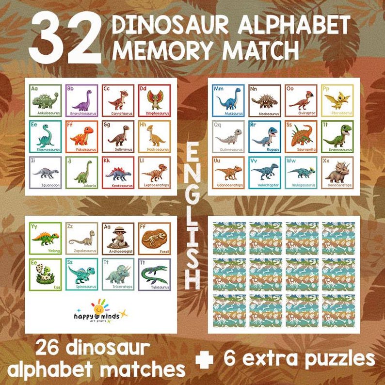 Dinosaur Alphabet Memory Game Printable for Kids A to Z, Bilingual ...