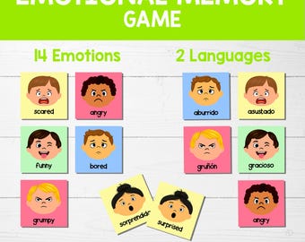 Bilingual Emotions Memory Game Printable | English Spanish Feelings ...