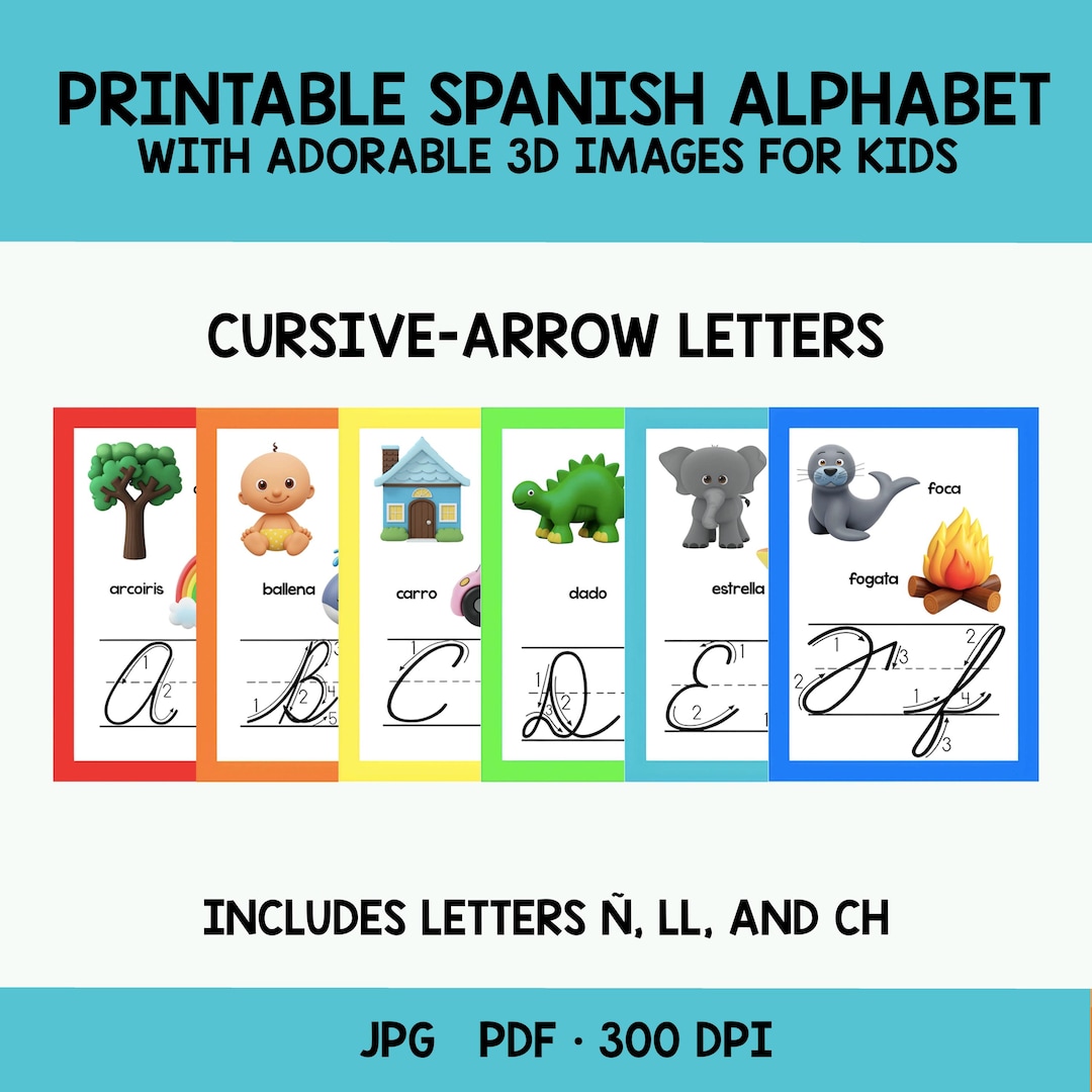 Spanish Cursive Alphabet Flashcards With 3D Images to Print PDF JPG ...