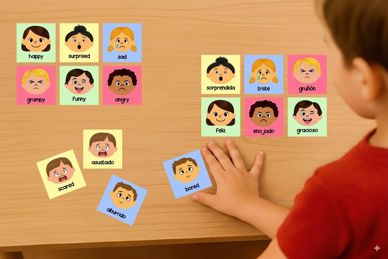 Bilingual Emotions Memory Game Printable | English Spanish Feelings ...